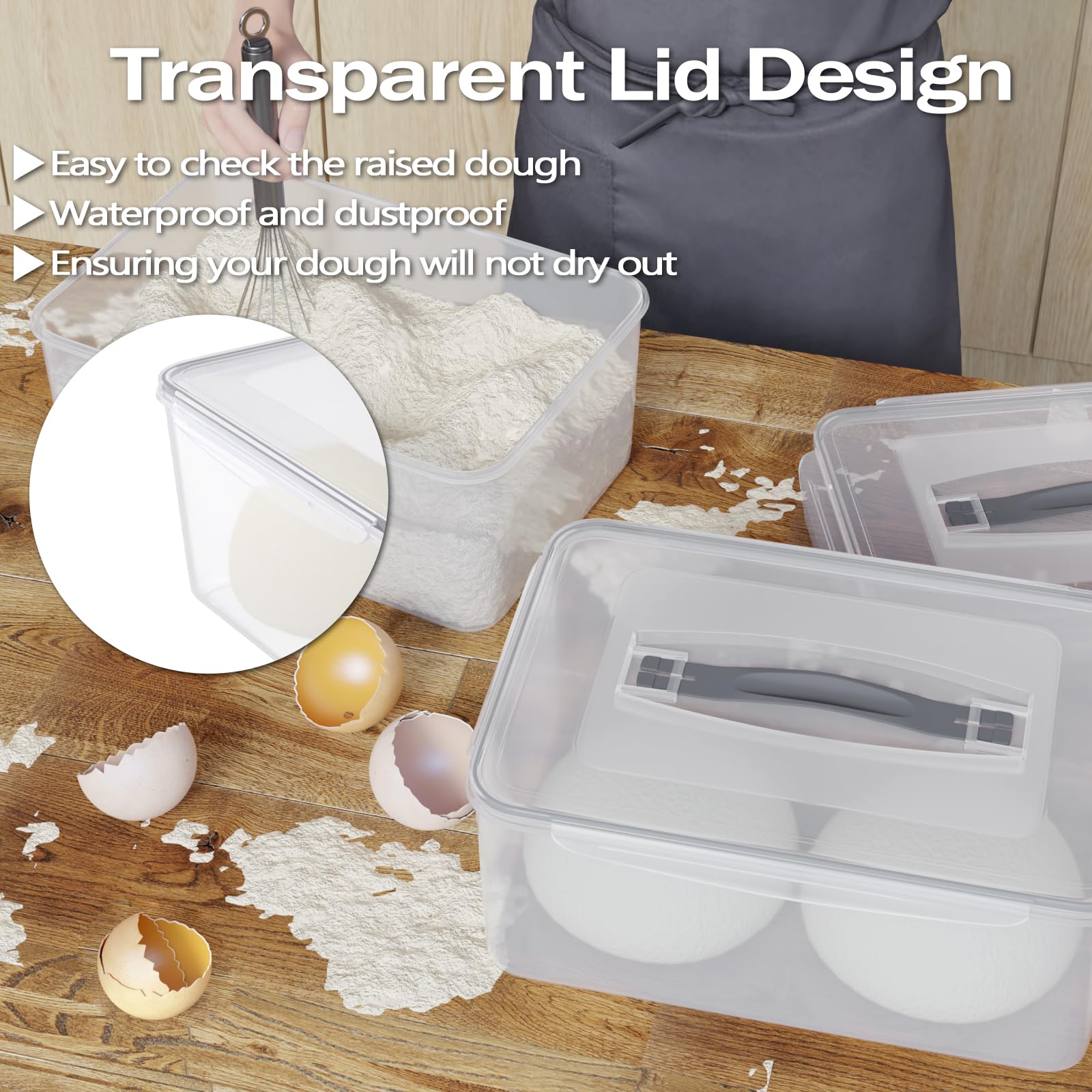 Xowine 4 Pack Stackable Pizza Dough Proofing Containers with Lids and Handle, 15 L Rectangular Clear Food Storage Container with Airtight Lid, 15.31" L x 10.79" W x 6.69" H