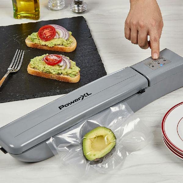 PowerXL Duo NutriSealer Food Vacuum Sealer Machine with Vacuum Seal Bags & Rolls, Double Airtight Sealing with Built-in Cutter, Small Snack Bag Capability, LED Indicator Lights (Slate Deluxe)
