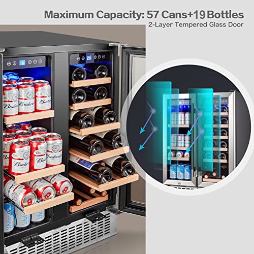 AAOBOSI 24 Inch Wine and Beverage Refrigerator - 19 Bottles & 57 Cans Capacity Wine Cooler with Dual Zone - Wine Fridge Built in Counter or Freestanding - 2 Safety Locks and Blue Interior Light