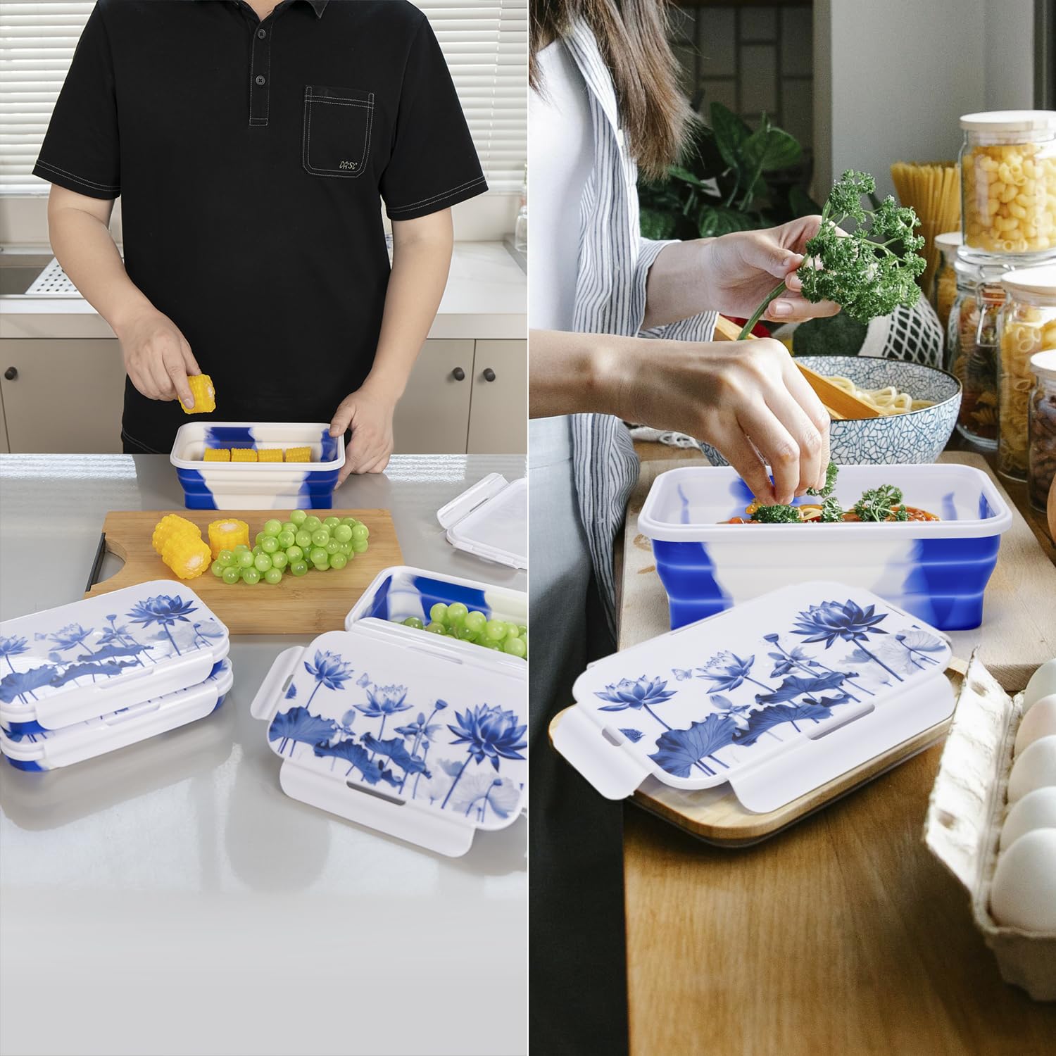 Annaklin Collapsible Food Storage Containers with Lids in Blue and White Porcelain China Style, 48oz, 4 Pack, Stackable Silicone Containers for Food Lunch, Microwave Freezer Dishwasher Safe, White