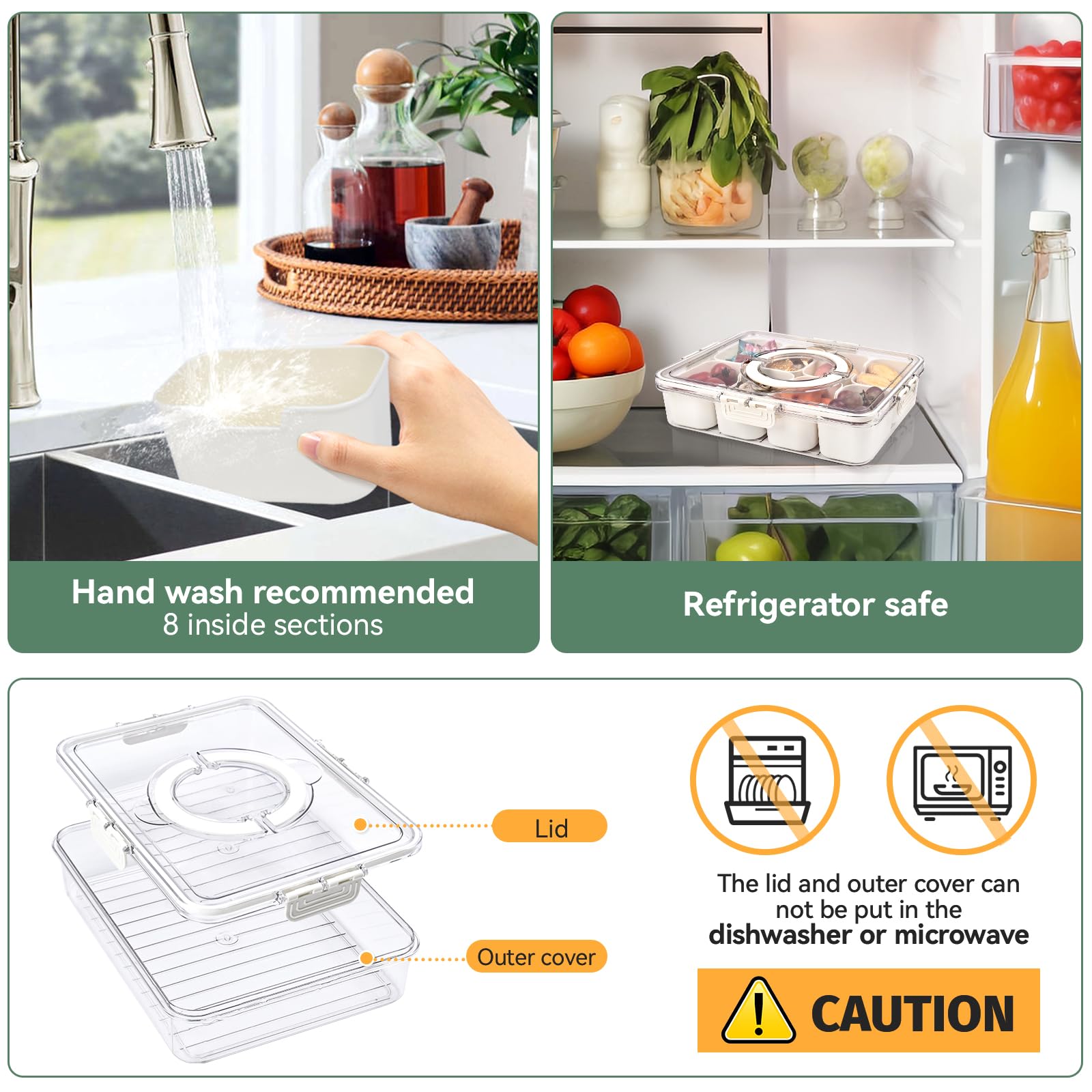 Snackle Box Container,Snack Box Charcuterie Container with 8 Compartments & 5 Forks,Divided Serving Veggie Tray with Lid and Handle,Travel Food Storage Containers for Fruits, Nuts, Cookies, Candies