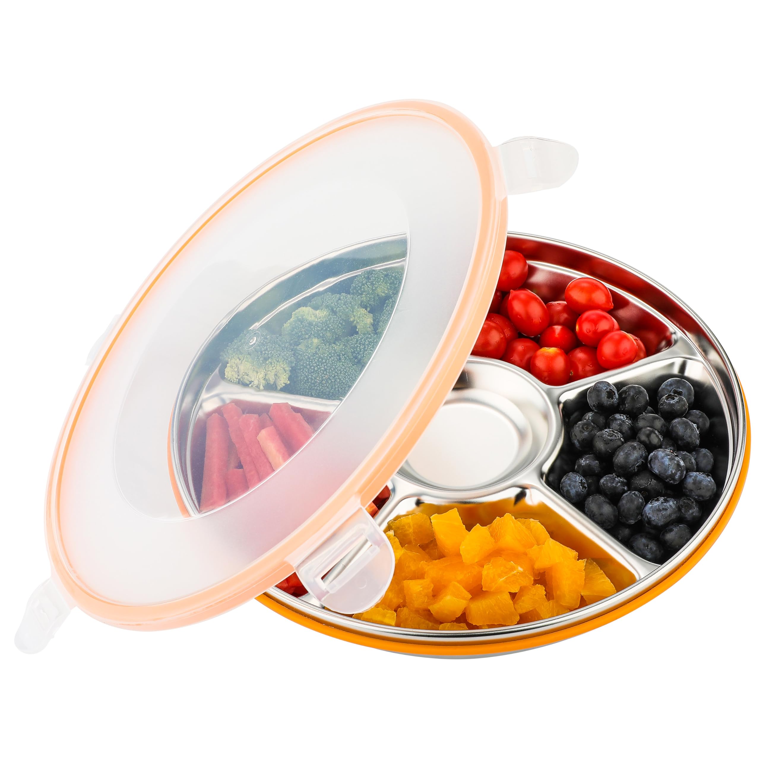 YENXIKU Divided Serving Tray with Lid, Stainless Steel Veggie Tray with Plastic Lid, Reusable Vegetable Platter, Snack Tray, Snackle Box for Party, Easy to Clean (6 Compartments, 60oz)