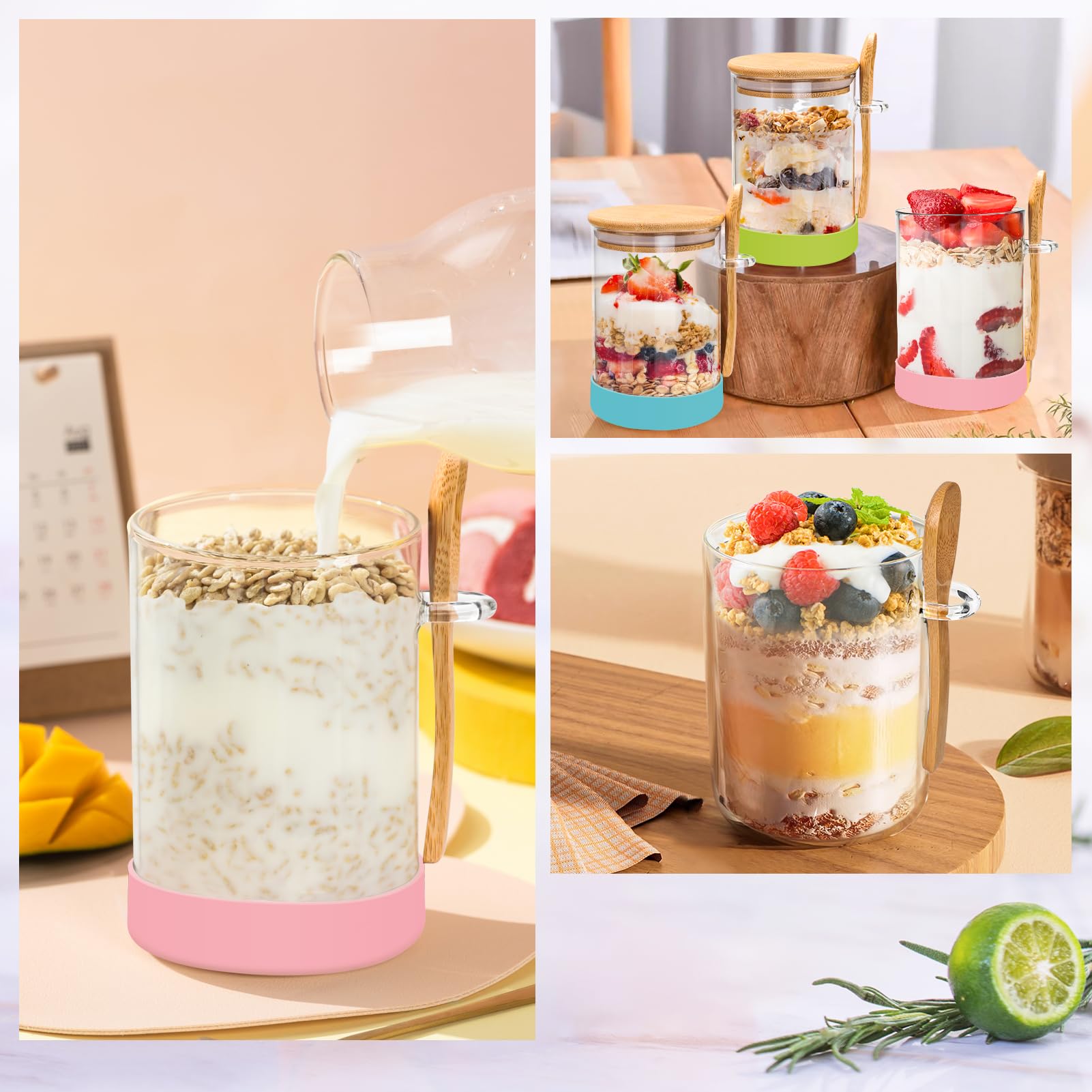 JinhzWin 4 Packs Overnight Oats Containers with Lids, 17 Oz Oats Overnight Glass Jar with Bamboo Spoon, Large Capacity Jars with 4 Colors Silicone Mats for Cereal Fruit Vegetable Yogurt Milk Salad