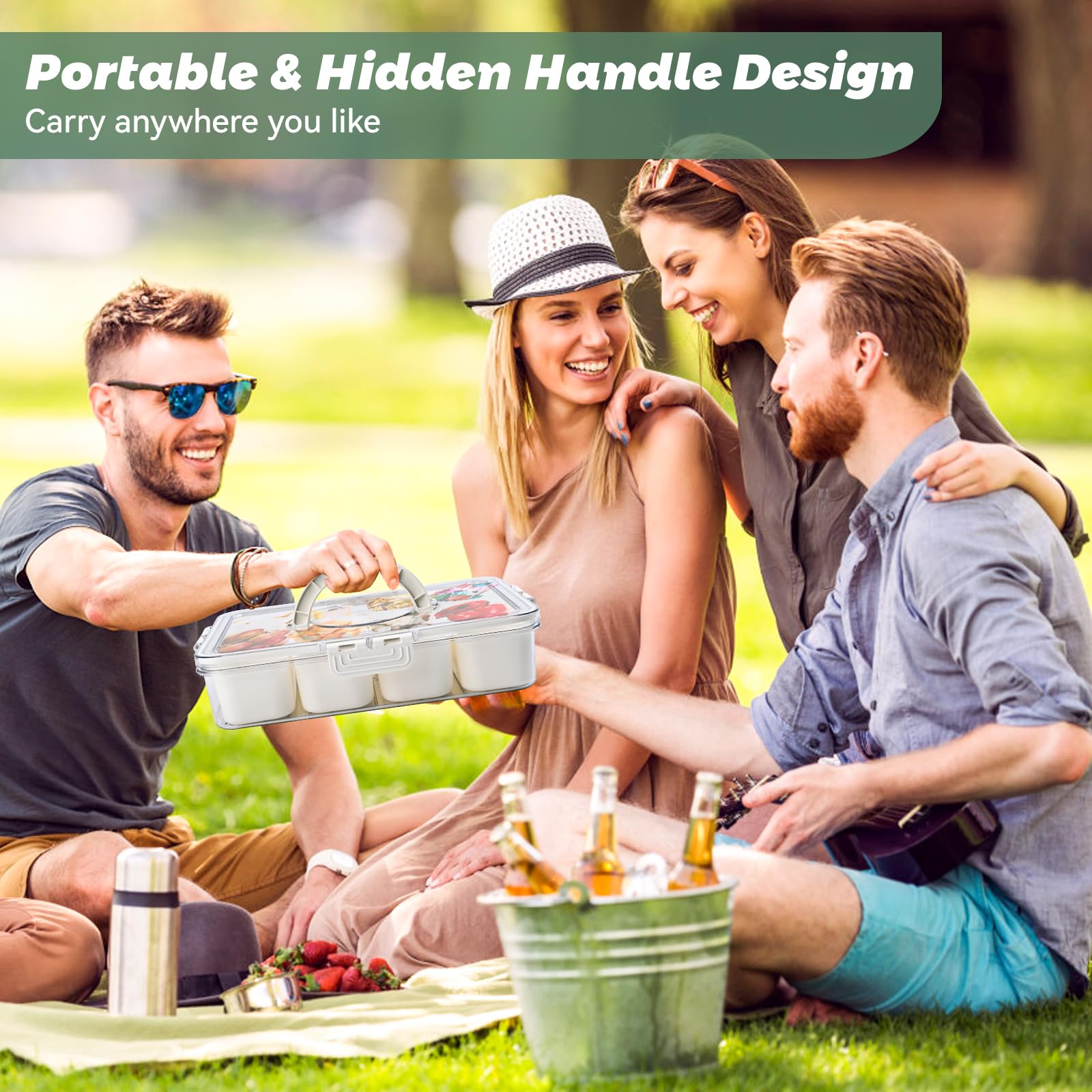 Snackle Box Container,Snack Box Charcuterie Container with 8 Compartments & 5 Forks,Divided Serving Veggie Tray with Lid and Handle,Travel Food Storage Containers for Fruits, Nuts, Cookies, Candies