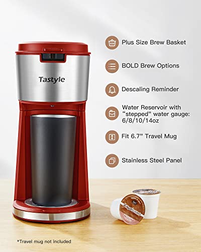 Single Serve Coffee Maker, with Reusable Ground Basket and Pod Holder, Easy to Use and Clean, One Cup Coffee Maker with Bold Brew, Descaling Reminder, Fits Travel Mug, 6 to 14 Oz Brew Size, Red