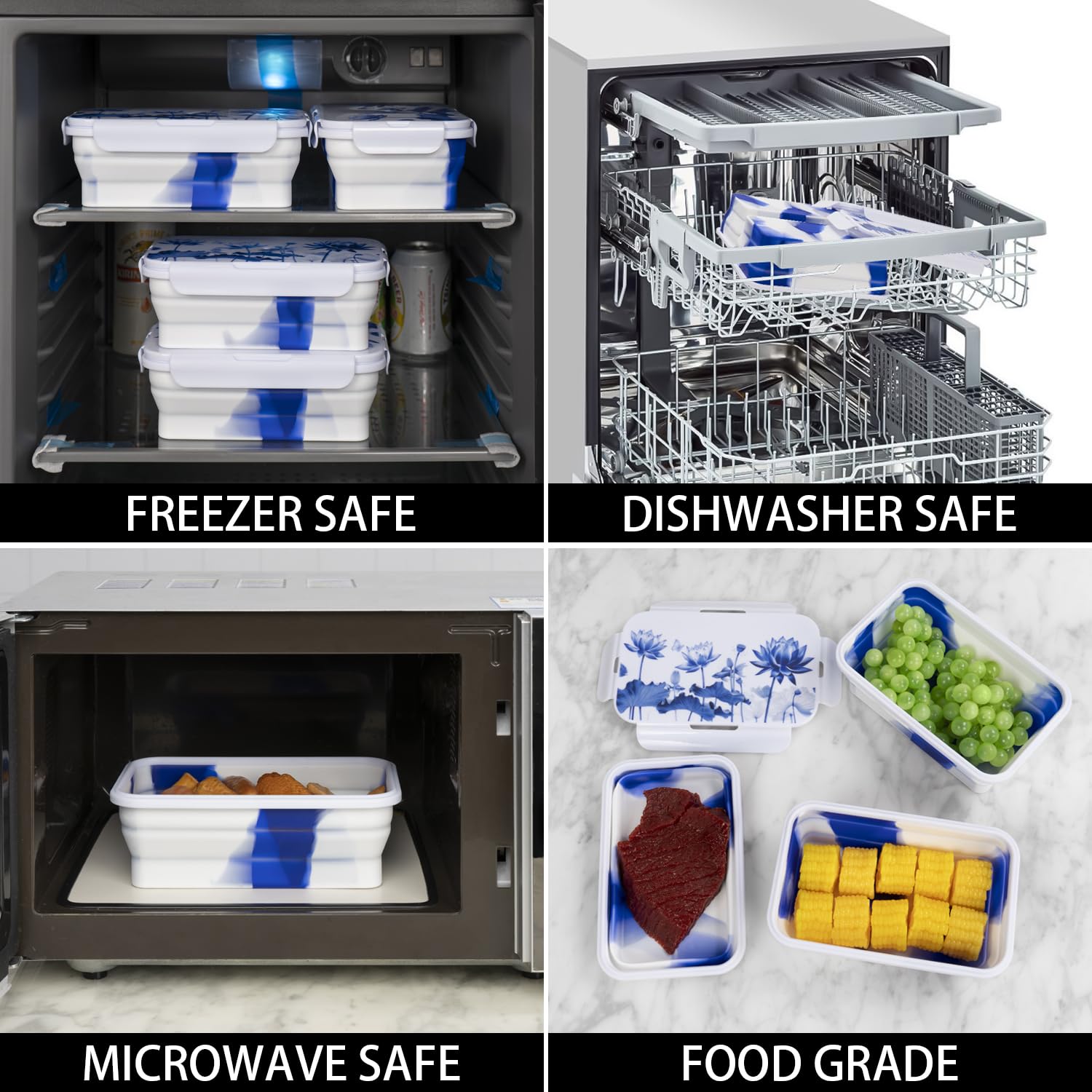 Annaklin Collapsible Food Storage Containers with Lids in Blue and White Porcelain China Style, 48oz, 4 Pack, Stackable Silicone Containers for Food Lunch, Microwave Freezer Dishwasher Safe, White