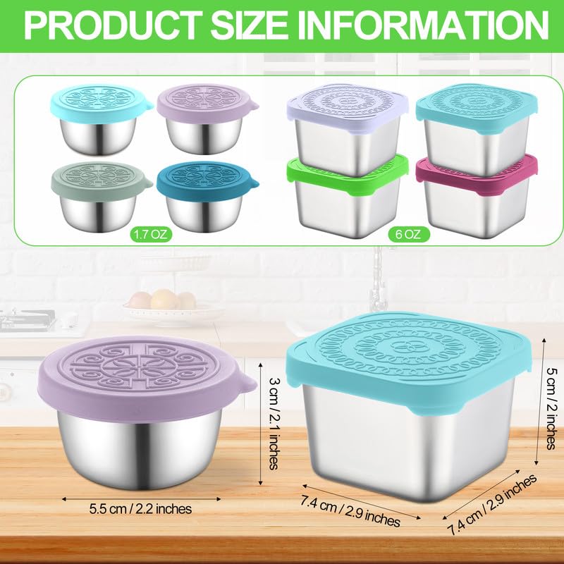 FillTouch 8 Pack Leakproof Dips Containers 6oz/180ml+1.7oz/50ml Salad Dressing Snack Container with Lid Reusable Silicone Lids Stainless Steel Small Condiment Containers for Lunch Box (Multicolor)