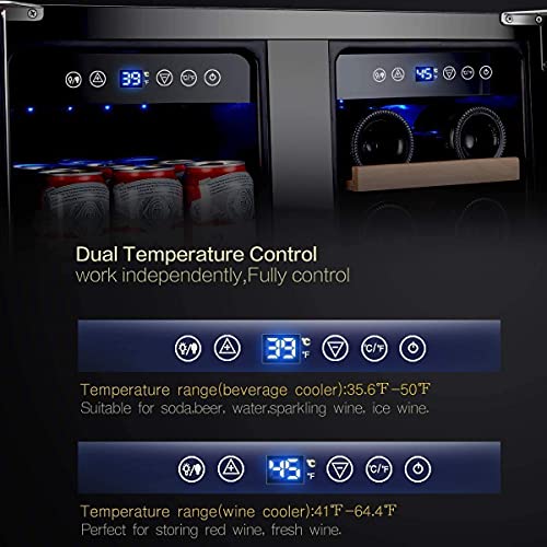 AAOBOSI 24 Inch Wine and Beverage Refrigerator - 19 Bottles & 57 Cans Capacity Wine Cooler with Dual Zone - Wine Fridge Built in Counter or Freestanding - 2 Safety Locks and Blue Interior Light