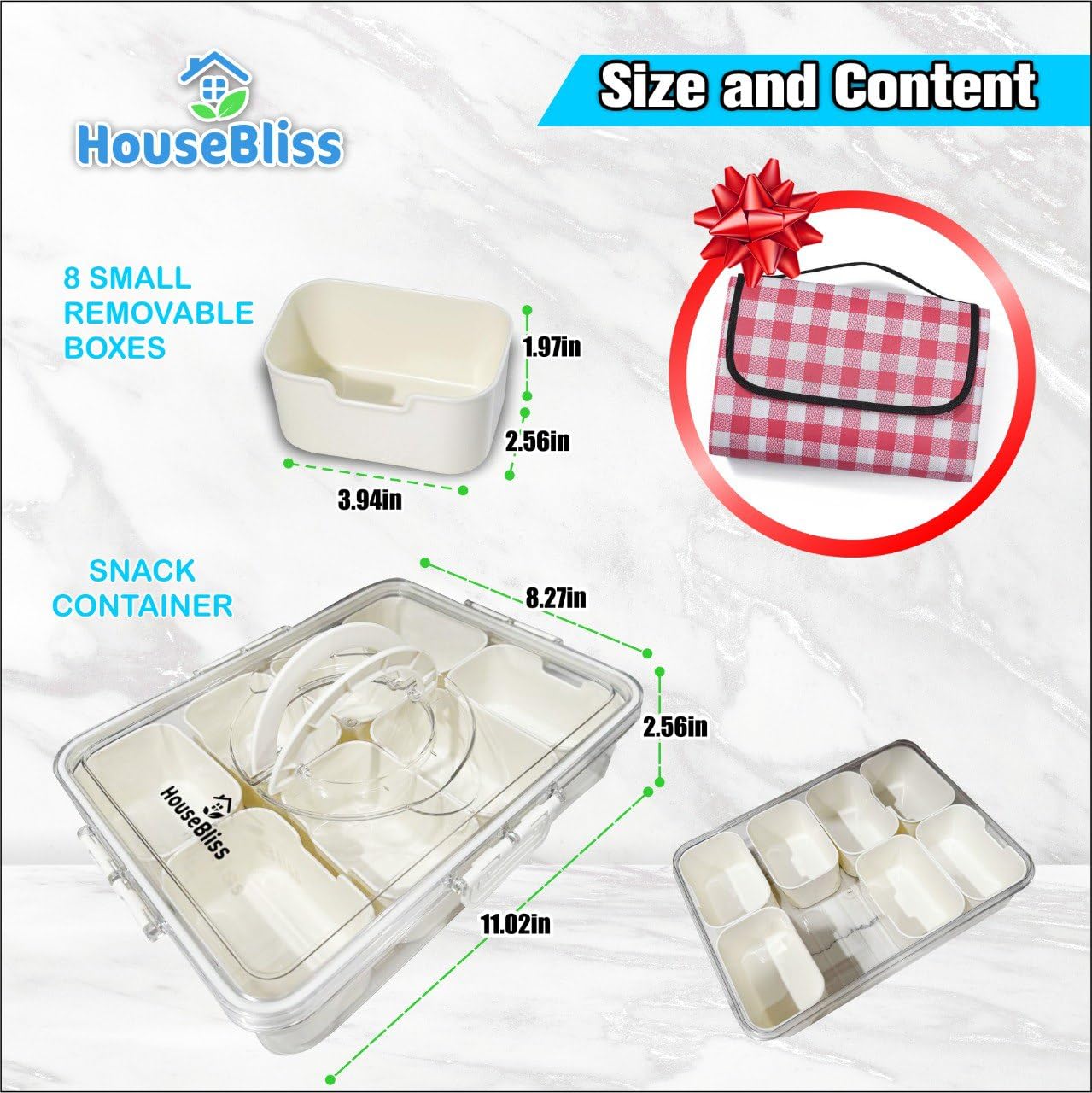 HouseBliss Divided Serving Tray with Lid and Handle, Portable Snackle Box Charcuterie Container, 8 Compartment Snack Divider Container for Candy, Fruits, Nuts, Perfect for Party, Picnic, Cream