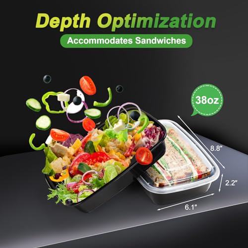jake.secer 38oz Meal Prep Containers Reusable, 50 Pack Extra-Thick Disposable Storage Containers with Lids, Bpa-Free To Go Food Container, Plastic Take Out Lunch Containers, Microwave, Freezer Safe