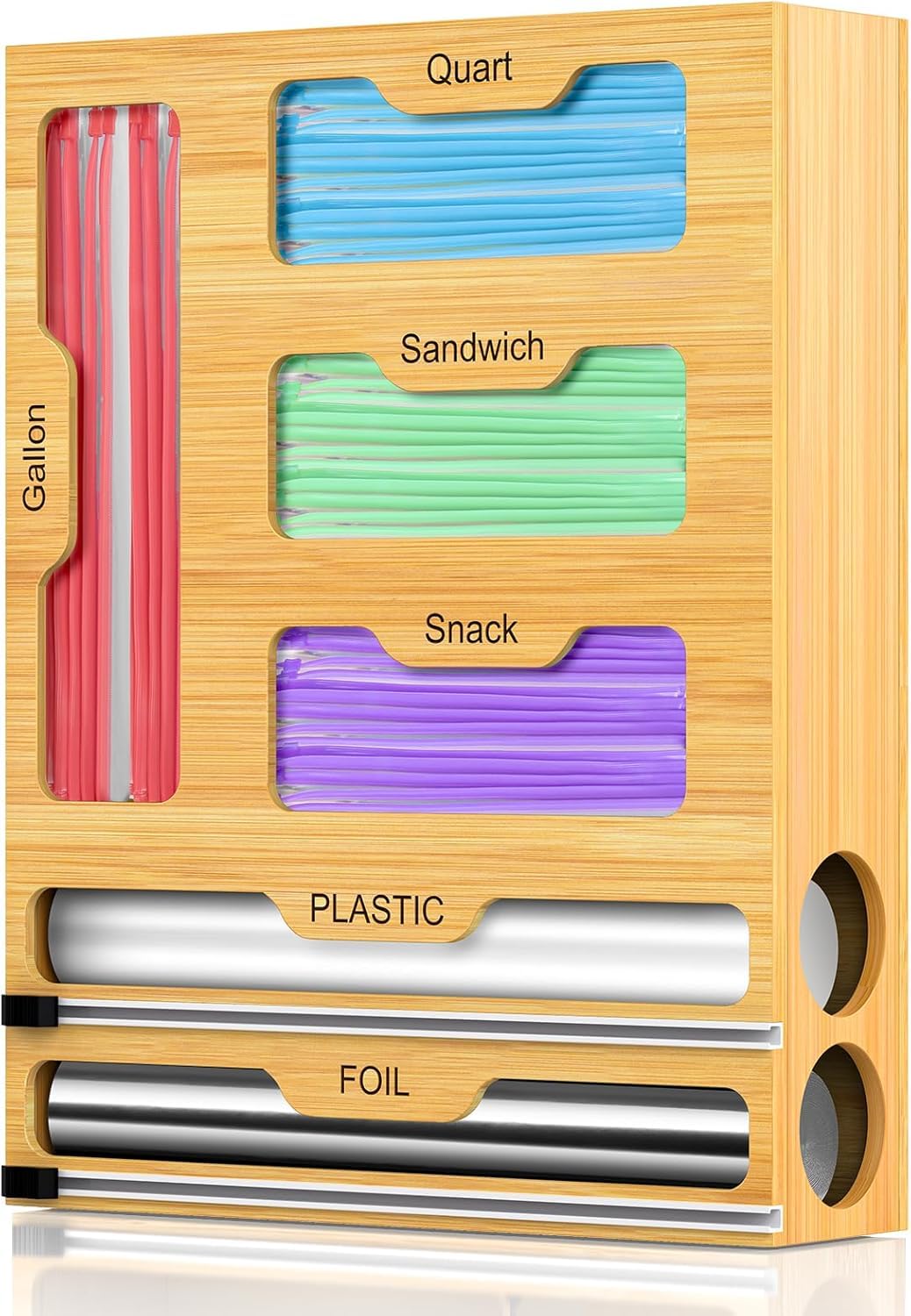 PrimeNex Ziplock Bag organizer, Ziplock Foil and Plastic Wrap Dispenser with Cutter, 6 in 1 Bamboo Kitchen Drawer Plastic Bag Food Baggie Organizer for Drawer Gallon, Quart, Sandwich, Snack (Natural)