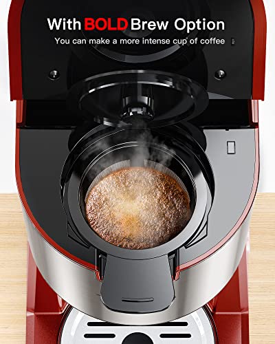 Single Serve Coffee Maker, with Reusable Ground Basket and Pod Holder, Easy to Use and Clean, One Cup Coffee Maker with Bold Brew, Descaling Reminder, Fits Travel Mug, 6 to 14 Oz Brew Size, Red