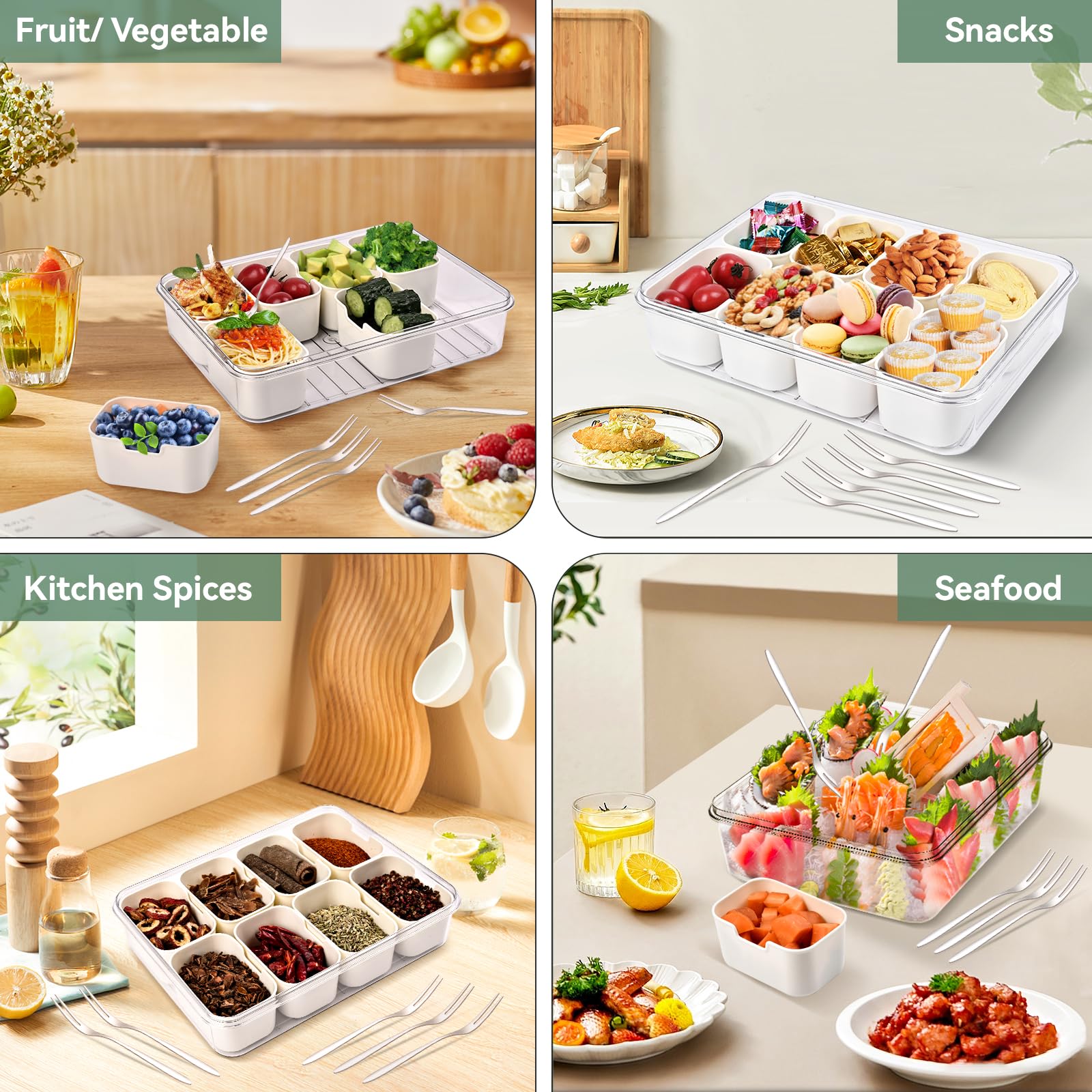 Snackle Box Container,Snack Box Charcuterie Container with 8 Compartments & 5 Forks,Divided Serving Veggie Tray with Lid and Handle,Travel Food Storage Containers for Fruits, Nuts, Cookies, Candies