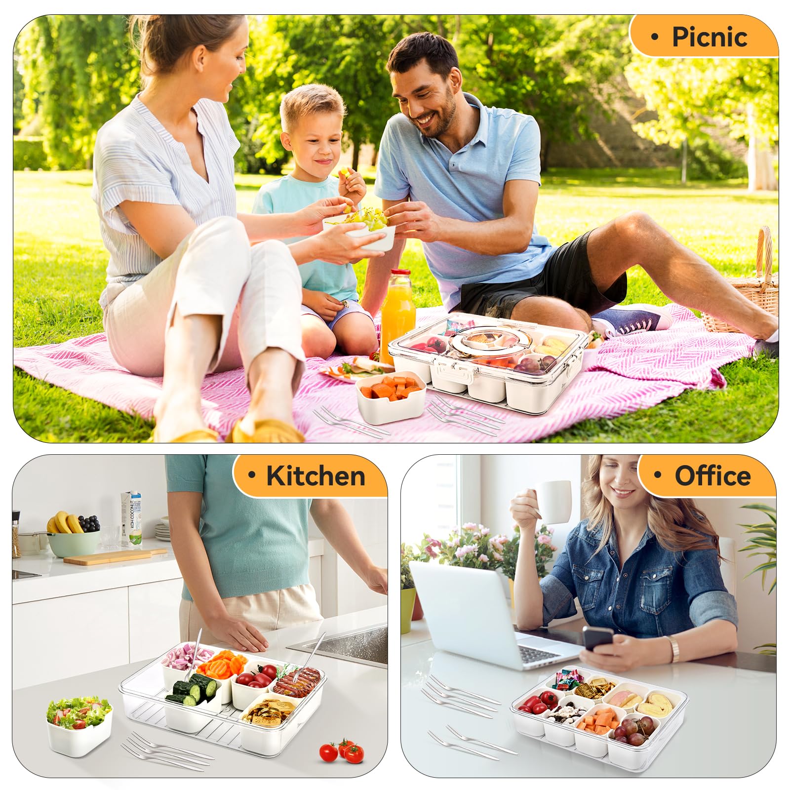 Snackle Box Container,Snack Box Charcuterie Container with 8 Compartments & 5 Forks,Divided Serving Veggie Tray with Lid and Handle,Travel Food Storage Containers for Fruits, Nuts, Cookies, Candies
