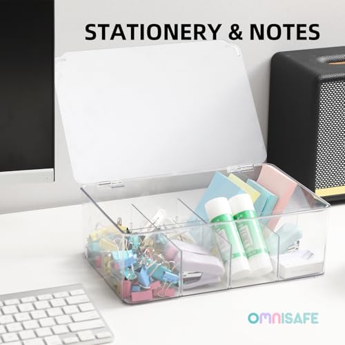 OMNISAFE Divided Clear Plastic Organizer Bin with Hinge Lid, 8 Sections Tea Bag Storage Box for Kitchen, Snacks, Spice Packets,Pouches, Stackable Storage Bin