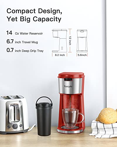 Single Serve Coffee Maker, with Reusable Ground Basket and Pod Holder, Easy to Use and Clean, One Cup Coffee Maker with Bold Brew, Descaling Reminder, Fits Travel Mug, 6 to 14 Oz Brew Size, Red