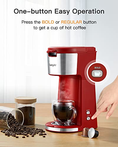 Single Serve Coffee Maker, with Reusable Ground Basket and Pod Holder, Easy to Use and Clean, One Cup Coffee Maker with Bold Brew, Descaling Reminder, Fits Travel Mug, 6 to 14 Oz Brew Size, Red