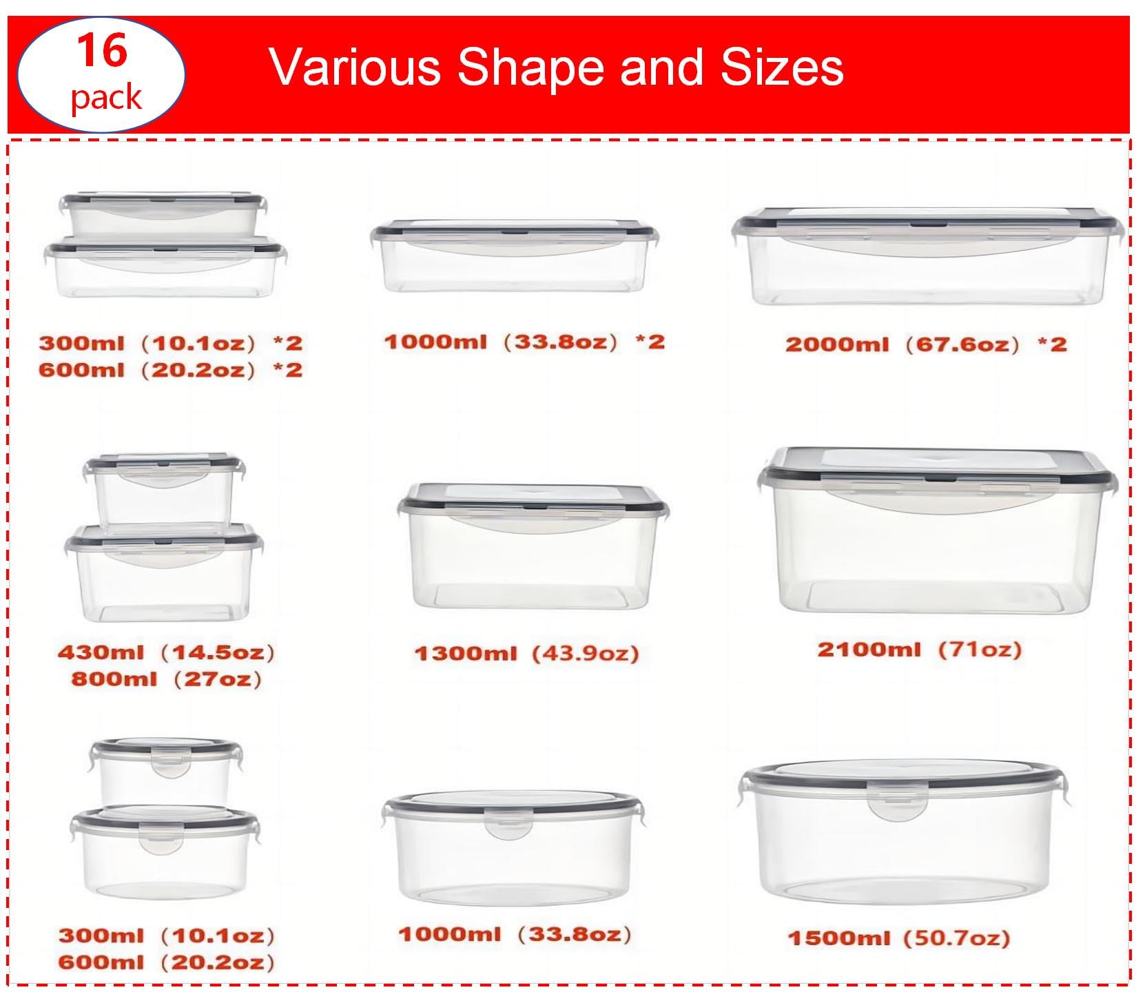 Class Frogs 32 high-capacity food storage containers (16 containers+16 lids), lunch box, bread storage box, pantry and kitchen container, leak proof, BPA free, Transparent, CNTZ-A111