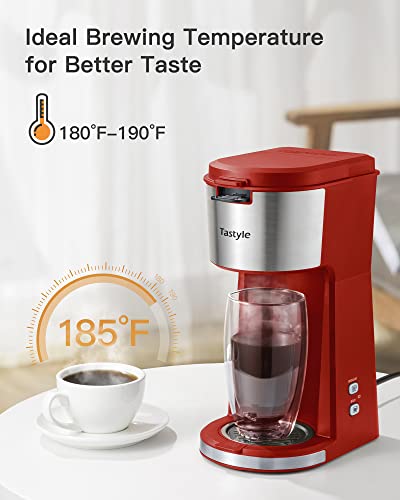 Single Serve Coffee Maker, with Reusable Ground Basket and Pod Holder, Easy to Use and Clean, One Cup Coffee Maker with Bold Brew, Descaling Reminder, Fits Travel Mug, 6 to 14 Oz Brew Size, Red