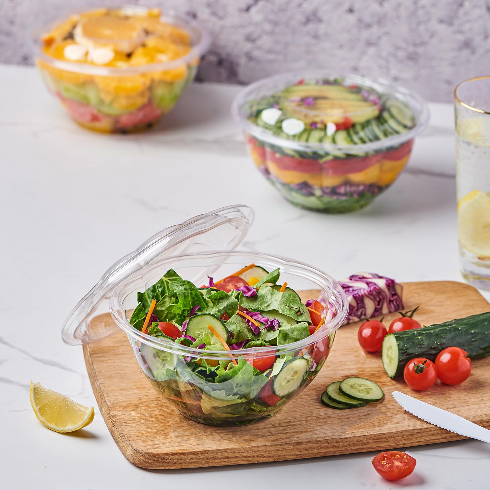 FULING [32 oz. 50 Sets Clear Plastic Salad Bowls with Airtight Lids Disposable To Go Mixing Containers Serving for Fruit, Quinoa, Lunch and Meal Prep
