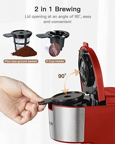 Single Serve Coffee Maker, with Reusable Ground Basket and Pod Holder, Easy to Use and Clean, One Cup Coffee Maker with Bold Brew, Descaling Reminder, Fits Travel Mug, 6 to 14 Oz Brew Size, Red