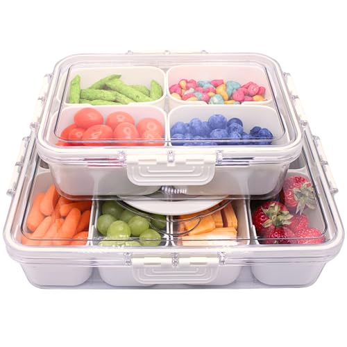 NEXUS2YOU Snack Box Divided Serving Tray with Lid & Handle Snackle Box Organizer Portable Charcuterie Container Food Storage Containers Veggies Fruit Nuts Candy Picnic (Pack of 2) 8 cup & 4 cup