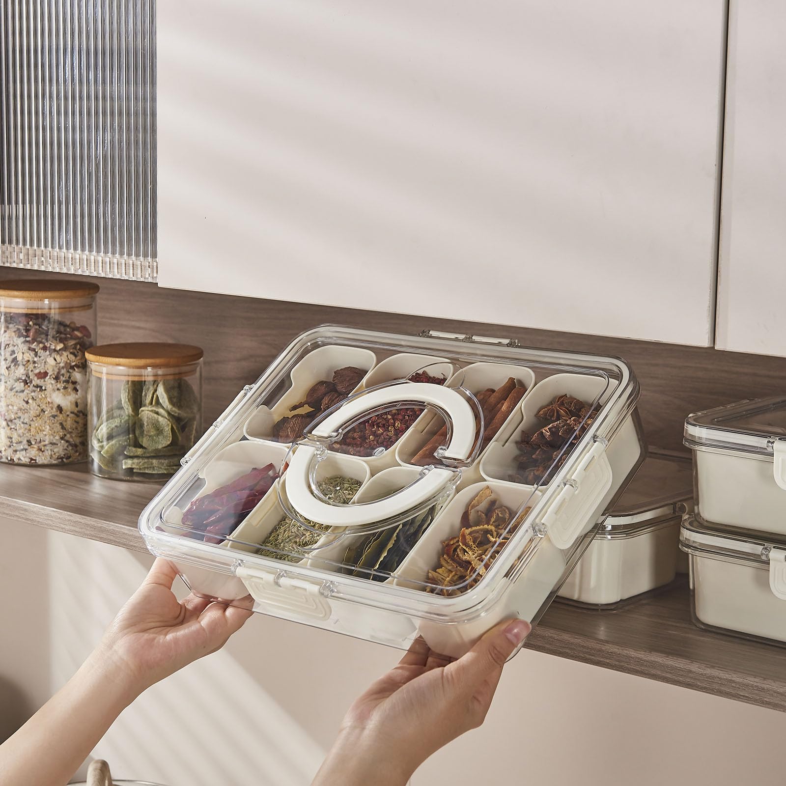 Fumitt Snack Box Container, Divided Serving Tray with Lid and Handle, Portable Snack Organizer for Adults Veggie Tray Charcuterie Boxes Fruit Tray Candy (2.4L 8 Compartments)