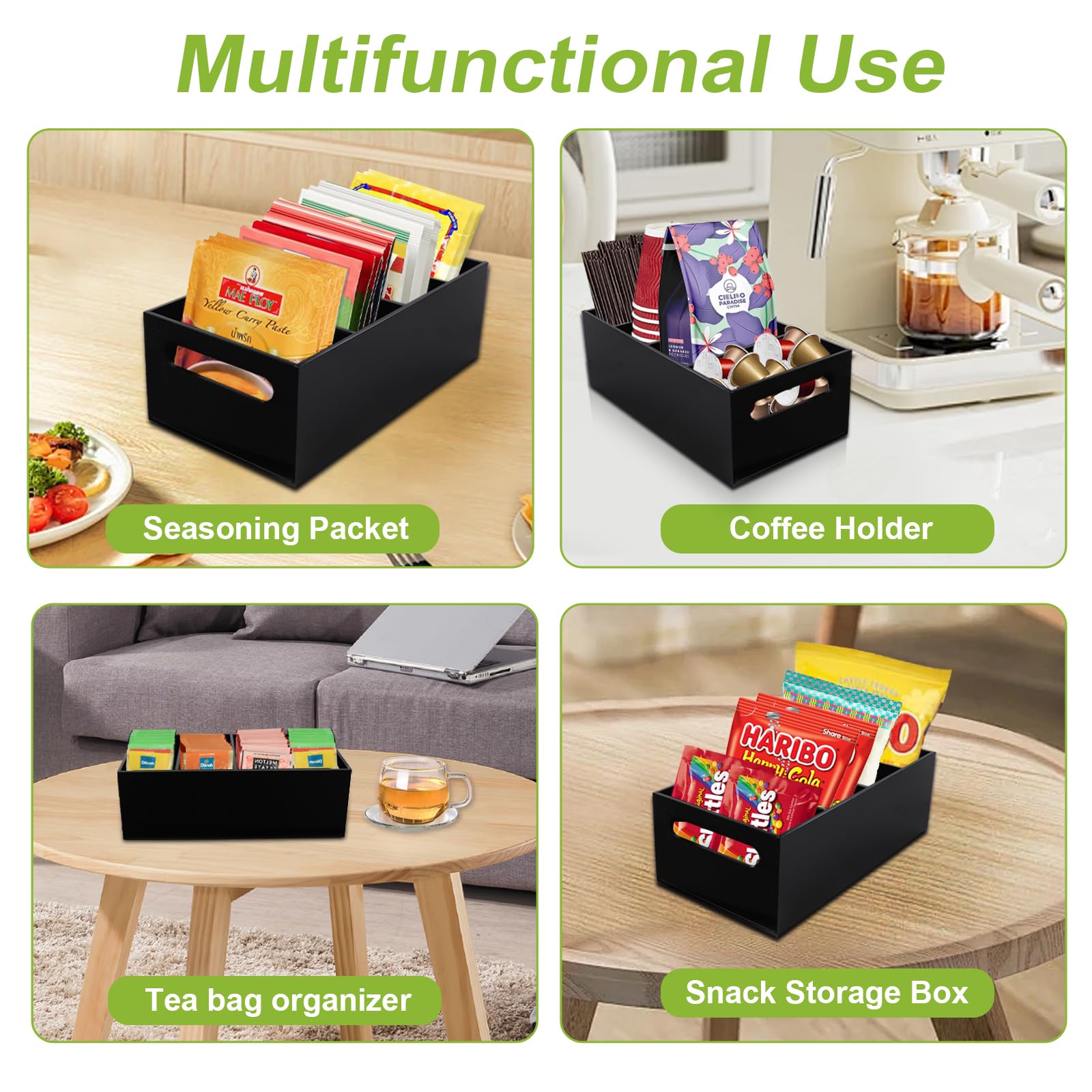 Acrylic Seasoning Organizers with 4 Slots, Tea Bag & Snack Packet Storage Bin, Coffee & Gravy Packet Condiment Organizer for Kitchen & Pantry Cabinet