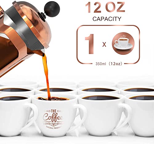 EAXCK French Press Coffee Maker, Stainless Steel Small French Press 12 oz Glass 4 Level Filtration System, Durable Heat Resistant Borosilicate Coffee Presser Single Cup