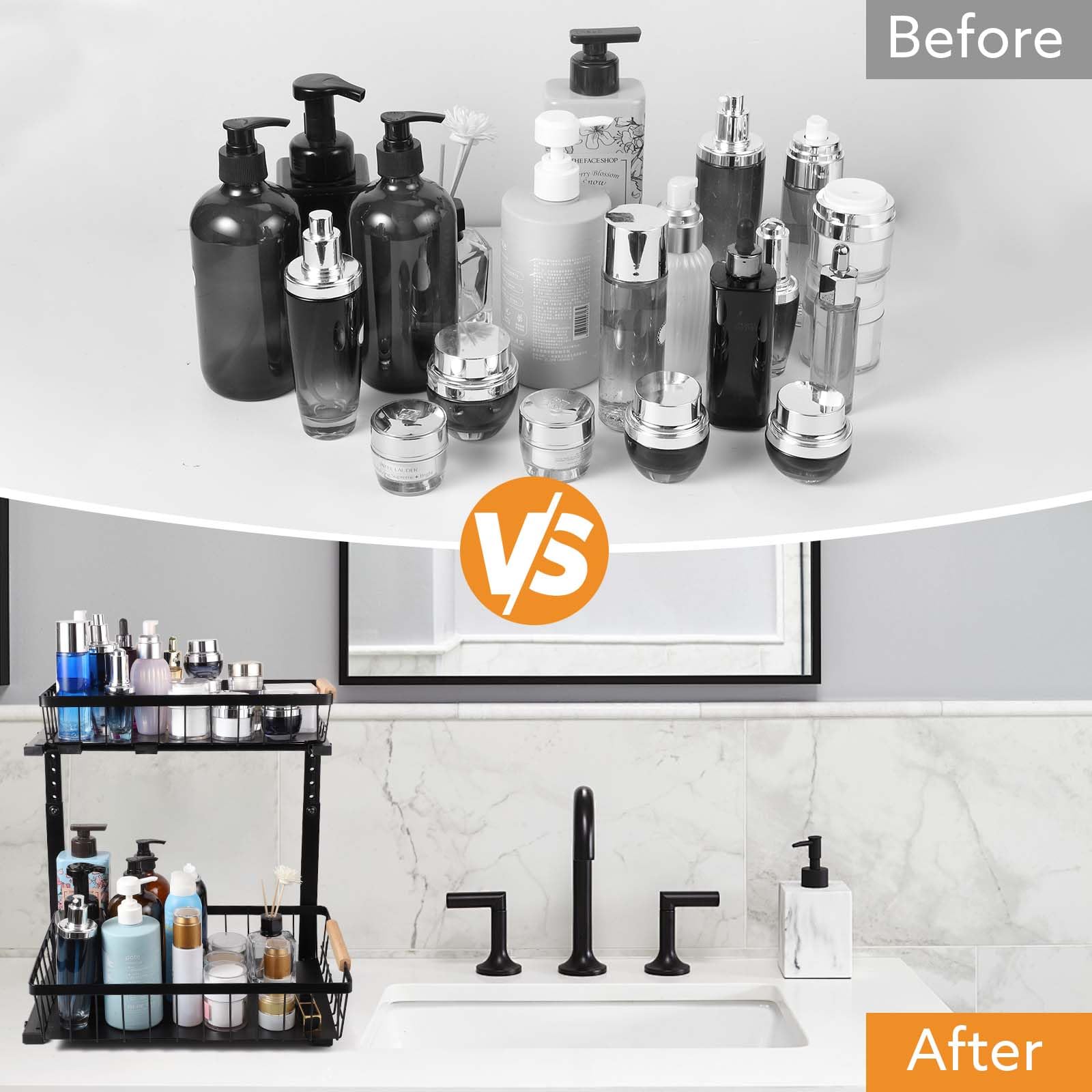 Under Sink Organizers and Storage 2 Pack, 2 Tier Height Adjustable Bathroom Organizers and Storage Sliding Under Kitchen Sink Organizer Pull Out Cabinet Organizer for Kitchen Bathroom Cabinet