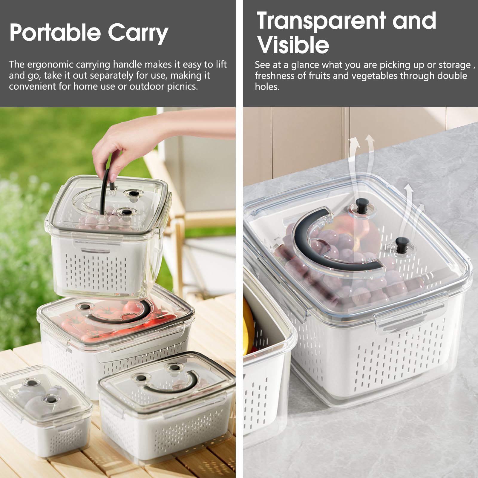 EsOfficce 4 PCS Vegetable Fruit Storage Containers for Fridge, Takeout Food Storage Containers with Removable Colander, Dishwasher Safe Produce Saver Container, Keep Fruit Vegetable Fresh Longer