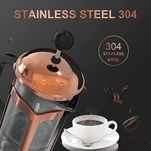 EAXCK French Press Coffee Maker, Stainless Steel Small French Press 12 oz Glass 4 Level Filtration System, Durable Heat Resistant Borosilicate Coffee Presser Single Cup