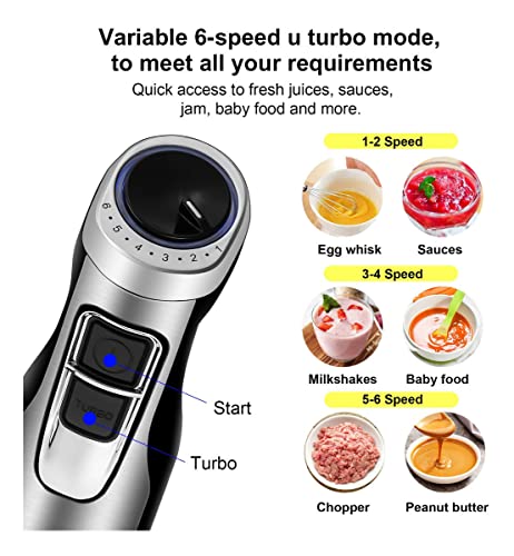 Stainless Steel Hand Blender, 800 Watt Immersion Blender Set, 6 Speeds, 500ml Measuring Cup and 600ml Jug, Whisk