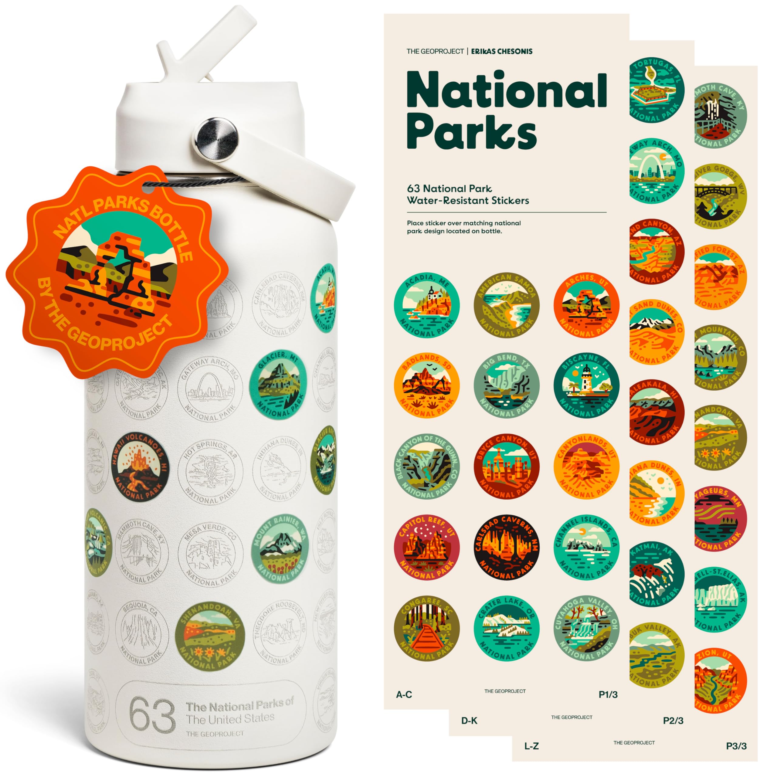 THE GEOPROJECT National Parks Water Bottle with Stickers Kit, Erikas Chesonis Collaboration, Adventure Flask with Straw, Waterproof Stickers for Water Bottle, Insulated Stainless Steel 32oz (Tan)