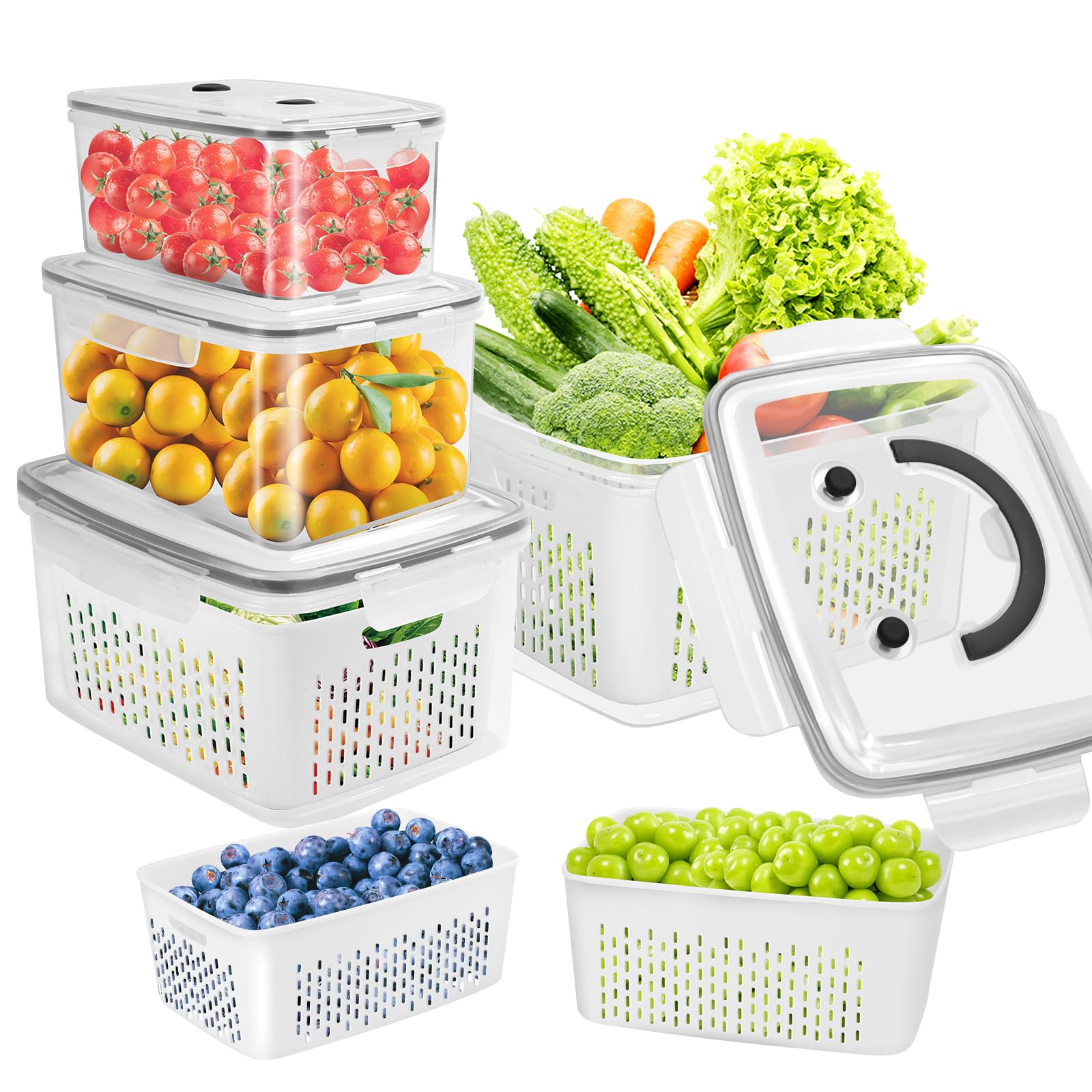 EsOfficce 4 PCS Vegetable Fruit Storage Containers for Fridge, Takeout Food Storage Containers with Removable Colander, Dishwasher Safe Produce Saver Container, Keep Fruit Vegetable Fresh Longer