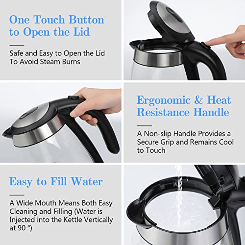 Glass Electric Kettle, TUMIDY 1.7L 1500W Fast Boiling Hot Water Boiler Auto-Shutoff and Boil-Dry Protection, LED Lights, Comfy Touch Handle Wide Opening Cordless Tea Heater making Tea Coffee, Black