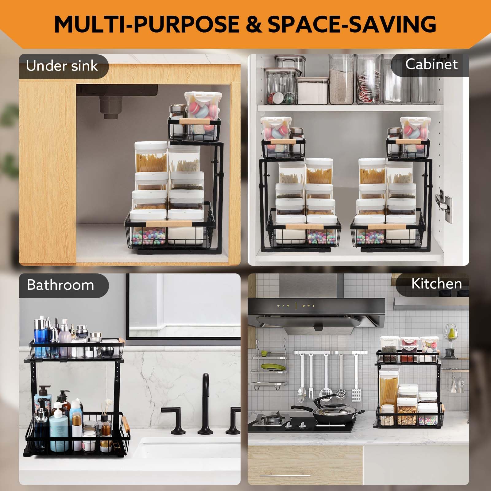 Under Sink Organizers and Storage 2 Pack, 2 Tier Height Adjustable Bathroom Organizers and Storage Sliding Under Kitchen Sink Organizer Pull Out Cabinet Organizer for Kitchen Bathroom Cabinet