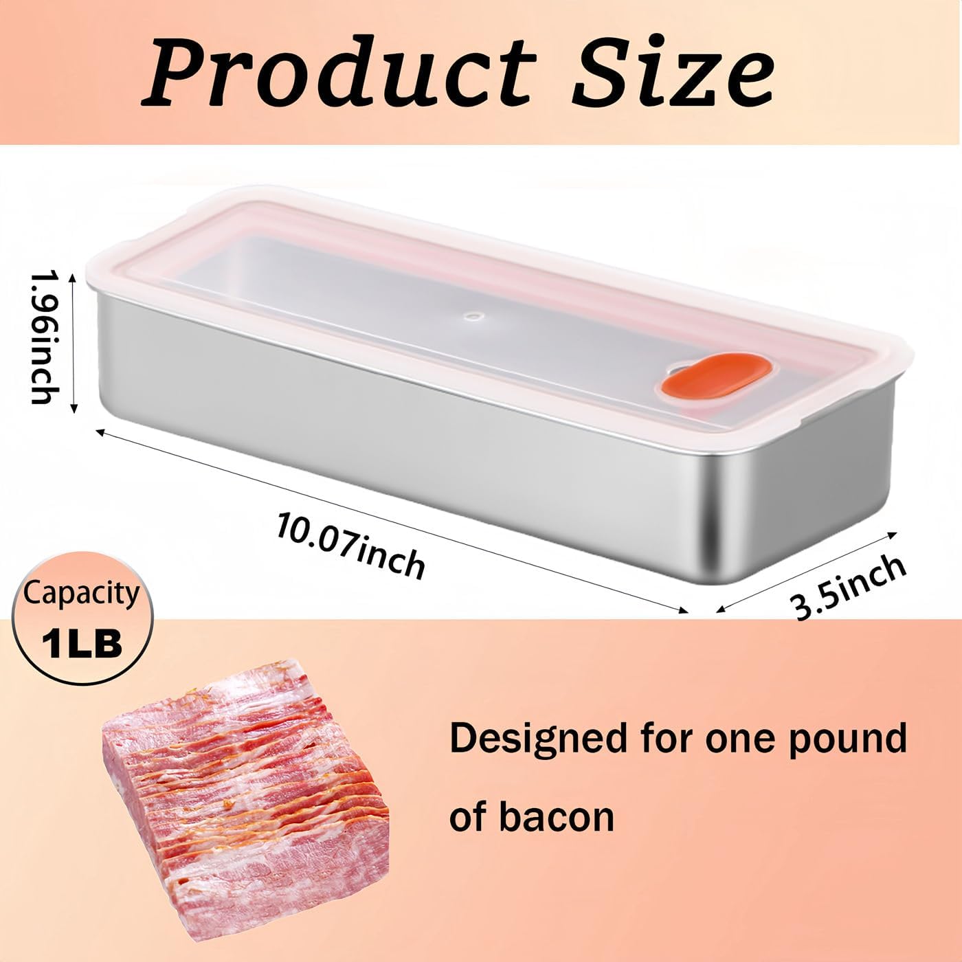 Bacon Container for Refrigerator, Bacon Storage Containers with Lids Airtight, Stainless Steel Airtight Deli Meat Storage Containers for Fridge, Long Container for Kitchen Food Storage (WhiteLid)