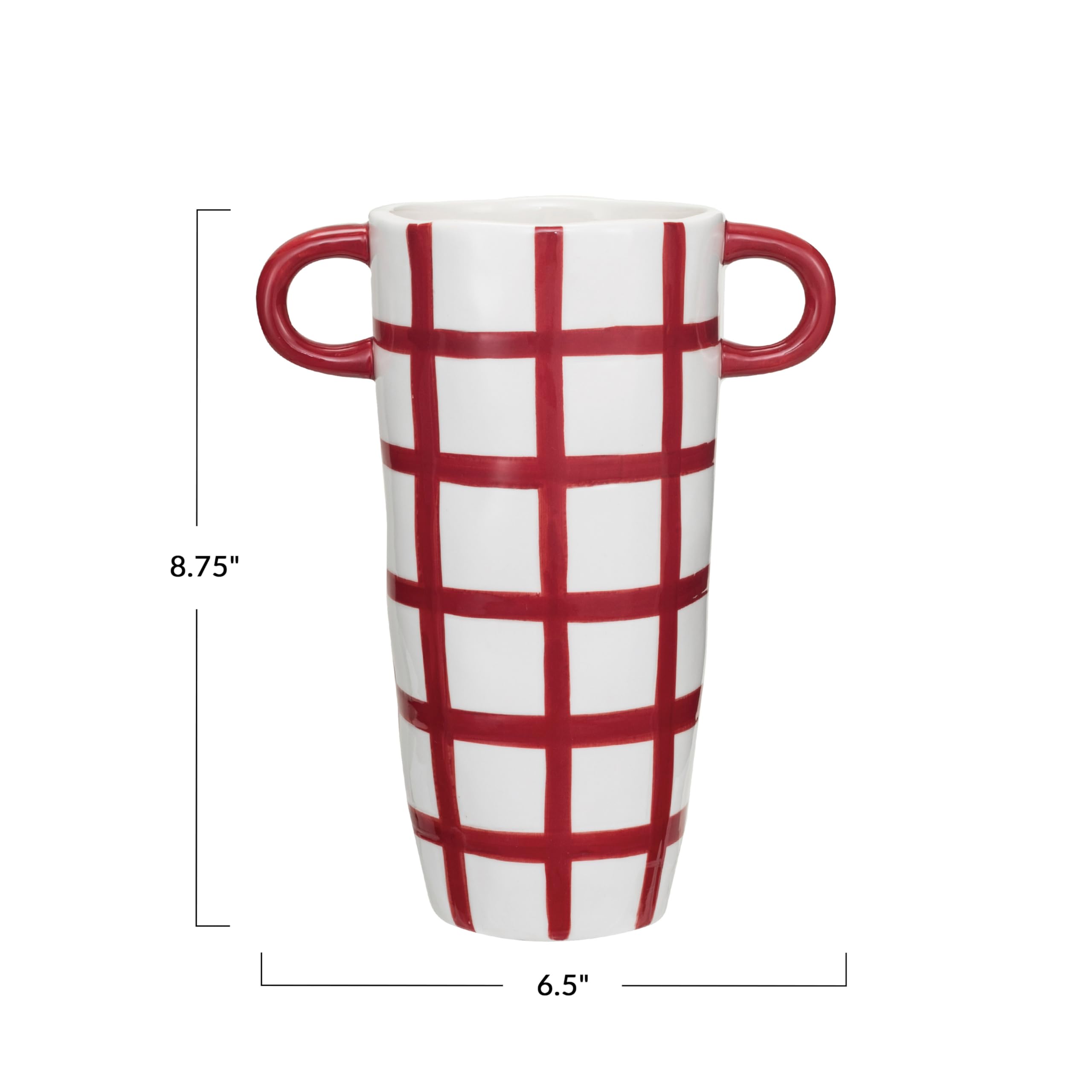 Creative Co-Op Hand-Painted Stoneware Container with Grid Pattern and Handles, Red and White