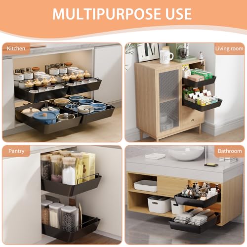Sicamin 2 Pack Peel and Stick Pull Out Drawers for Cabinets, Adhesive Slide Out Drawers for Kitchen Cabinets Organizer, No Hardware Sliding Shelves Pantry Storage, 11.8”W x 16.5”D x 4.52" H, Black