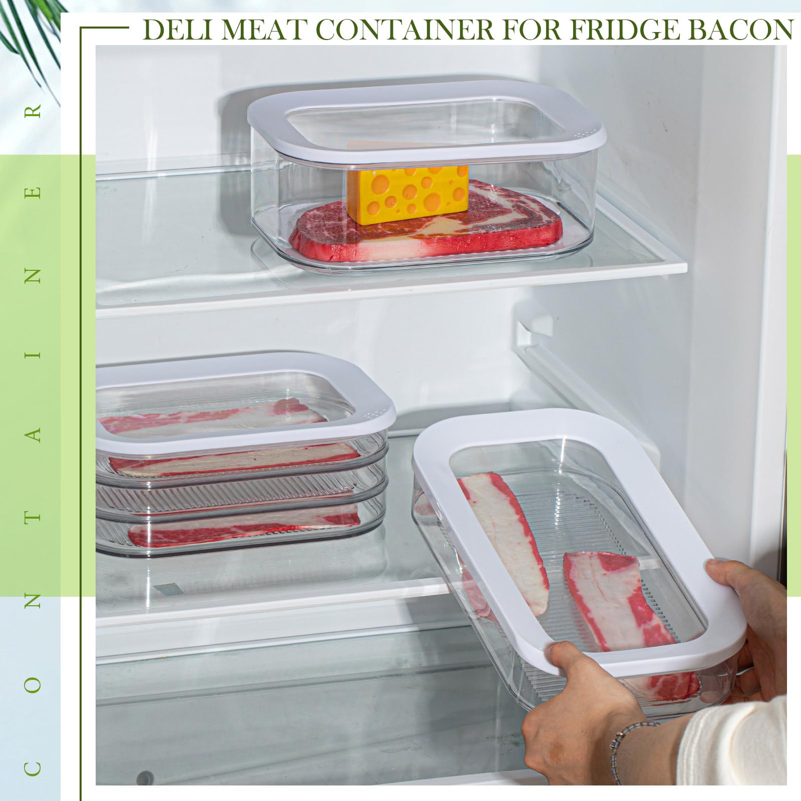 Tioncy 3 Pcs Deli Meat Container for Fridge Bacon Container for Refrigerator Stackable Food Storage Boxes with Lid Cheese Keeper Box for Fridge Airtight Deli Holder Organizer for Turkey Pantry Lunch