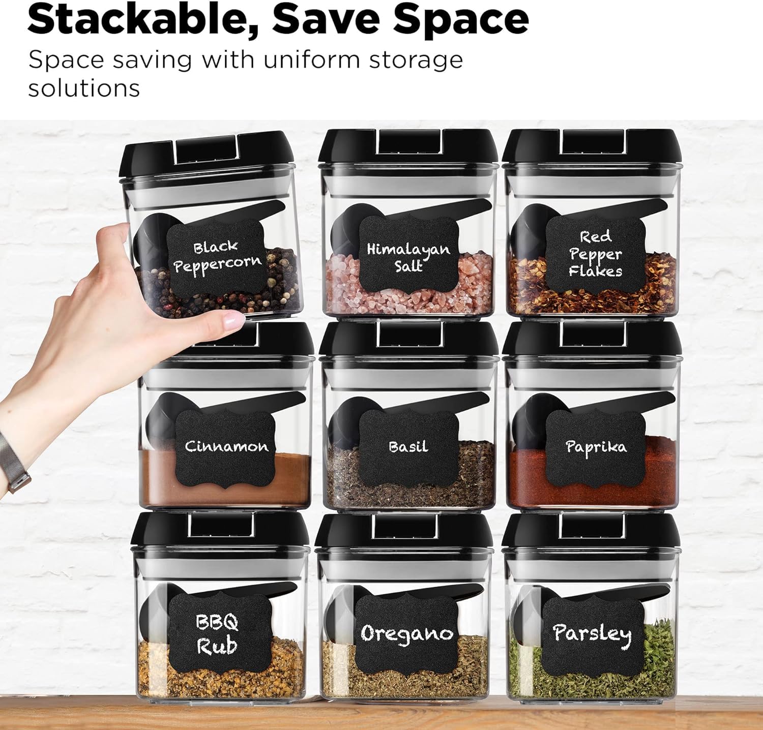 Shazo 9 PC Airtight Food Storage Containers + 9 Spoons - BPA Free Clear Plastic Snack & Spice Containers with Easy Lock Lids - Kitchen and Pantry Organization for Herbs, Coffee, Tea - 0.5L / 2.1 Cups
