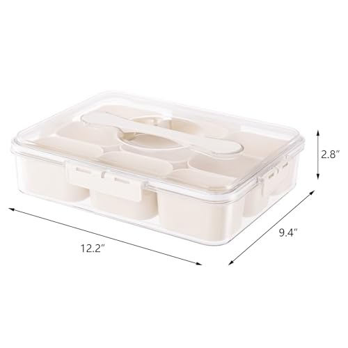 2 Pack Portable Picnic Parties Fruit Tray, 9 Compartment Fridge Food Veggie Condiment Divided Serving Preservation Storage Containers, Kitchen Clear Snackle Box Candy Organizer with Lid Handle