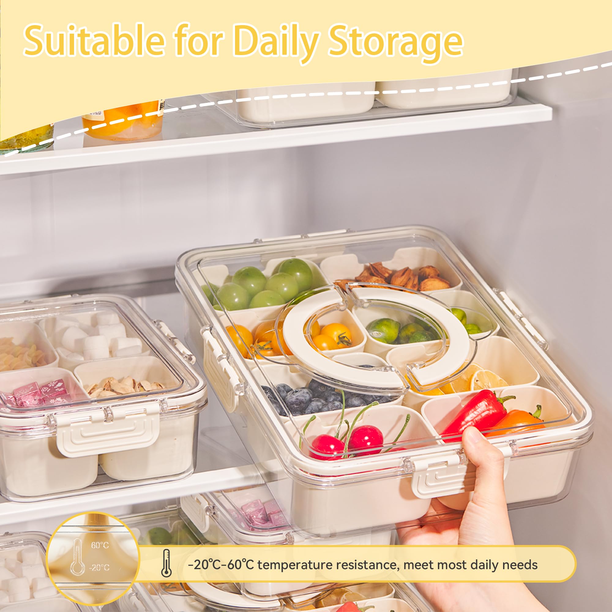 FIGWINET Snack Box Container, Rectangular, Compartmentalized Box with Flip Top Lid, Portable, Plastic, Reusable, Daily Use, Picnics, Parties, Kitchen Storage, Travel