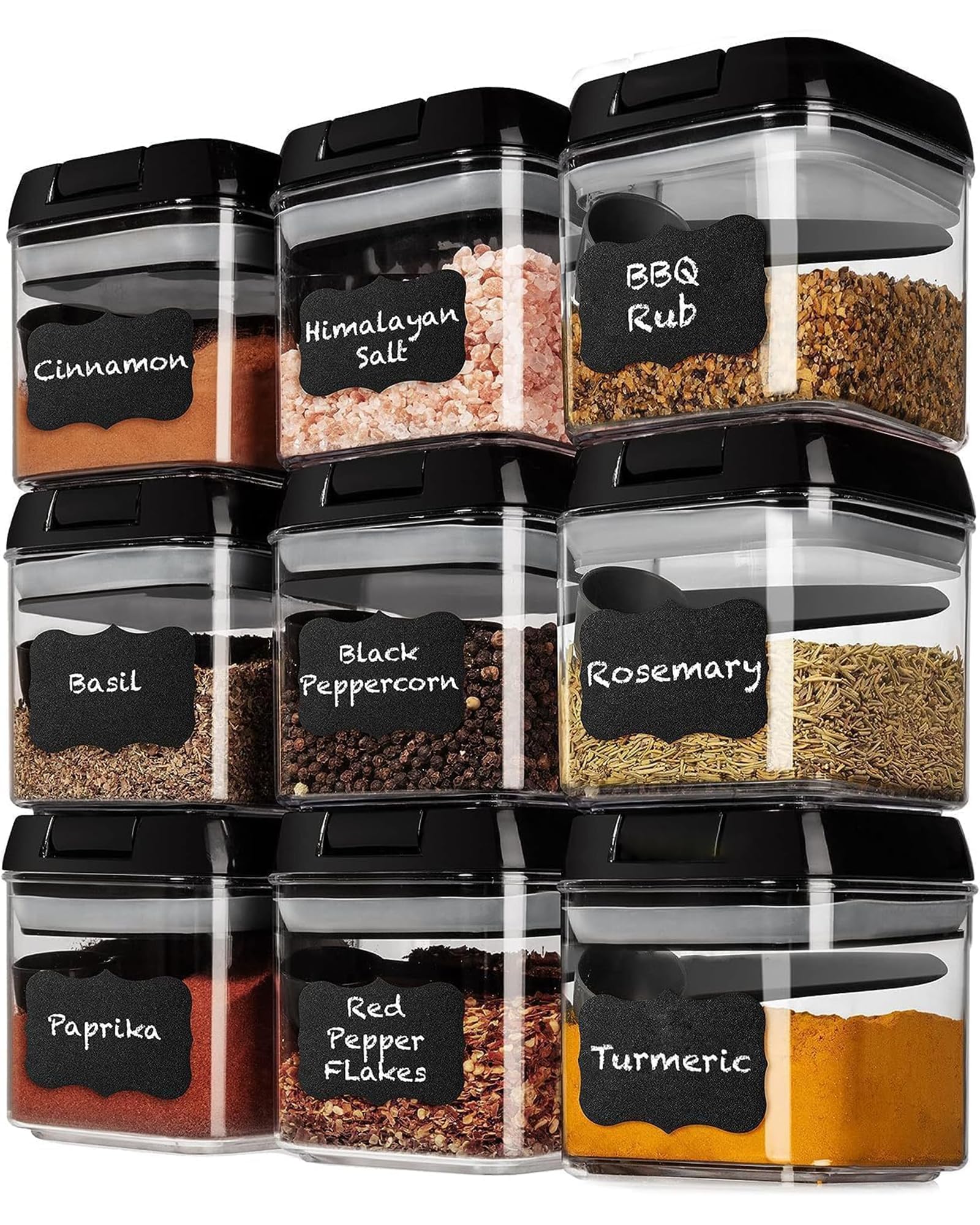 Shazo 9 PC Airtight Food Storage Containers + 9 Spoons - BPA Free Clear Plastic Snack & Spice Containers with Easy Lock Lids - Kitchen and Pantry Organization for Herbs, Coffee, Tea - 0.5L / 2.1 Cups