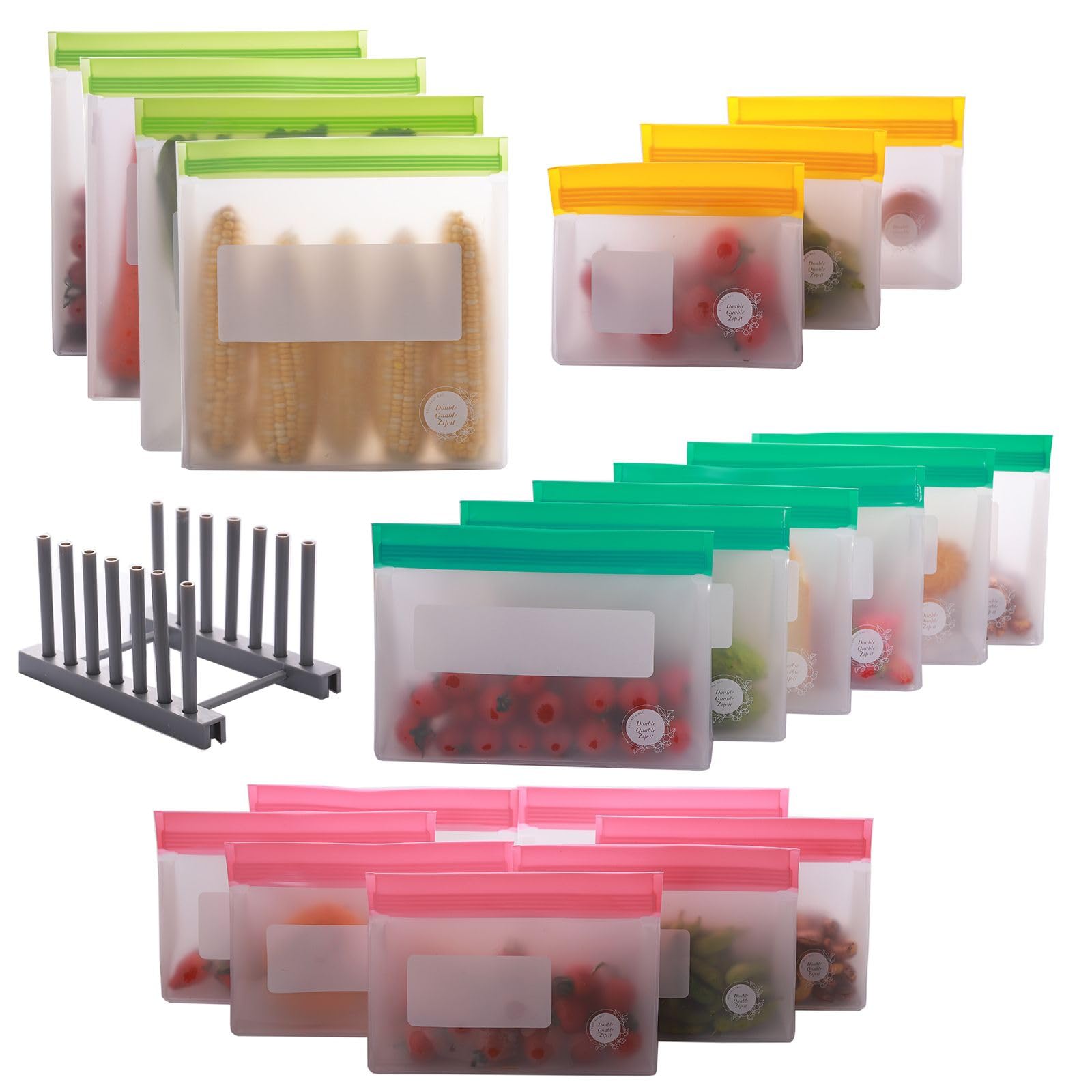 Reusable Silicone Food Storage Bags – 21-Pack Stand-Up, BPA-Free, Freezer, Dishwasher Safe & Eco-Friendly – 4 Gal, 6 L, 7 M, 3 S + Rack – Airtight Leakproof, Organization and Storage Bags (Multicolor)