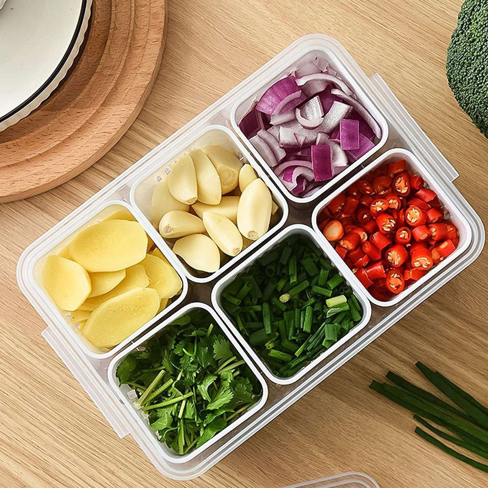 Generic 6 in 1 Scallion Storage Box for Fridge, Food Storing Containers with Lids, Washable & Detachable Drain Basket for Fruit Ginger Garlic Onion,, Translucent white, MLJW9825VBUX23NL7VH1