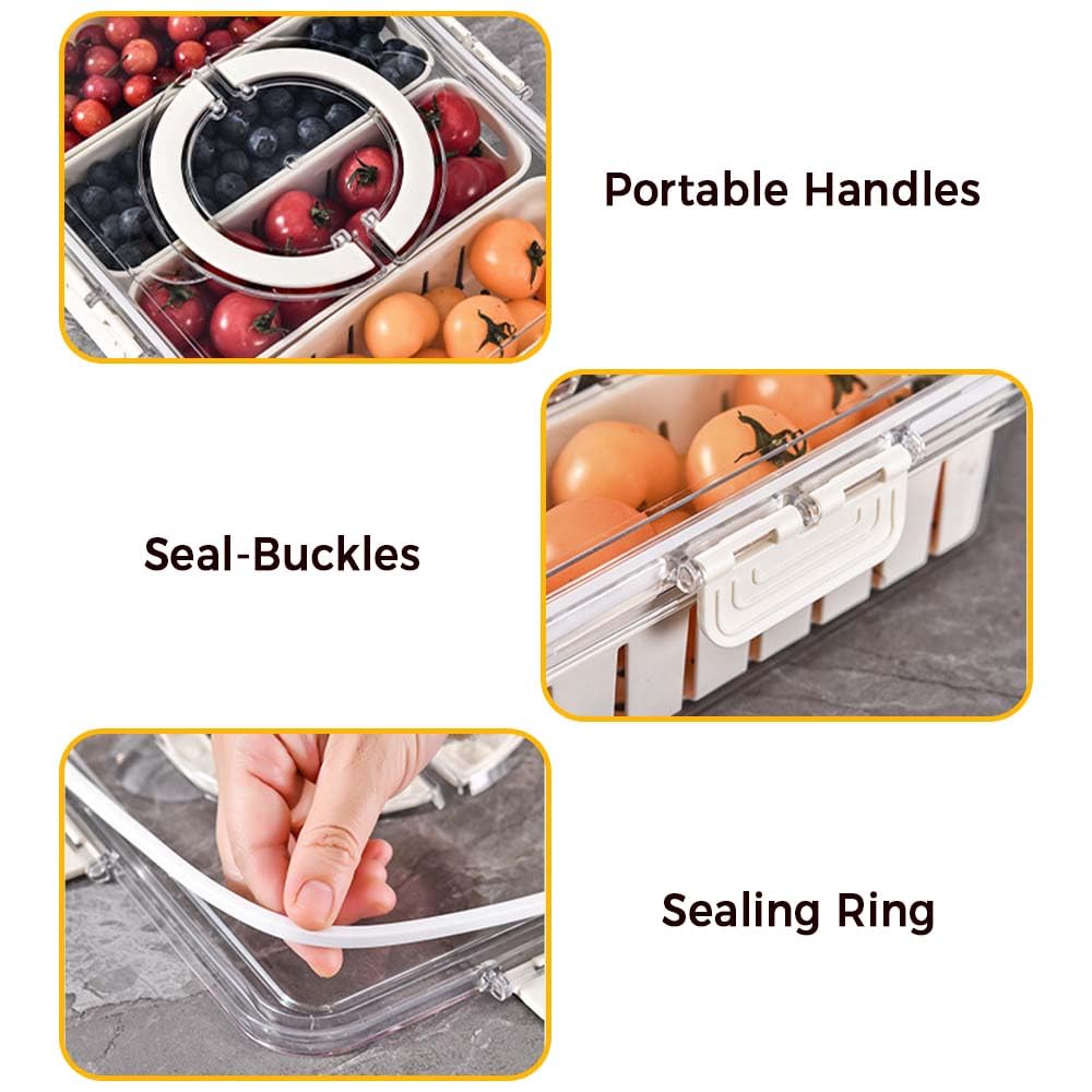 MININAI Divided Serving Tray with Lid and Handle, Snack Box Charcuterie Container Portable Fridge Organizer for Fruits, Veggie, Candy, Nuts, Picnic, Party (2), White