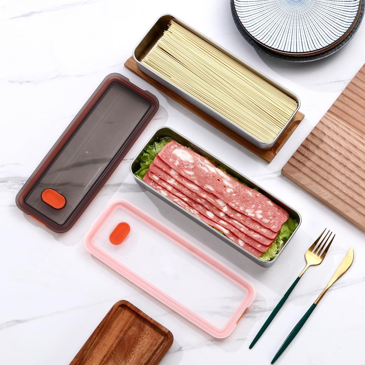 Bacon Container for Refrigerator, Bacon Storage Containers with Lids Airtight, Stainless Steel Airtight Deli Meat Storage Containers for Fridge, Long Container for Kitchen Food Storage (WhiteLid)