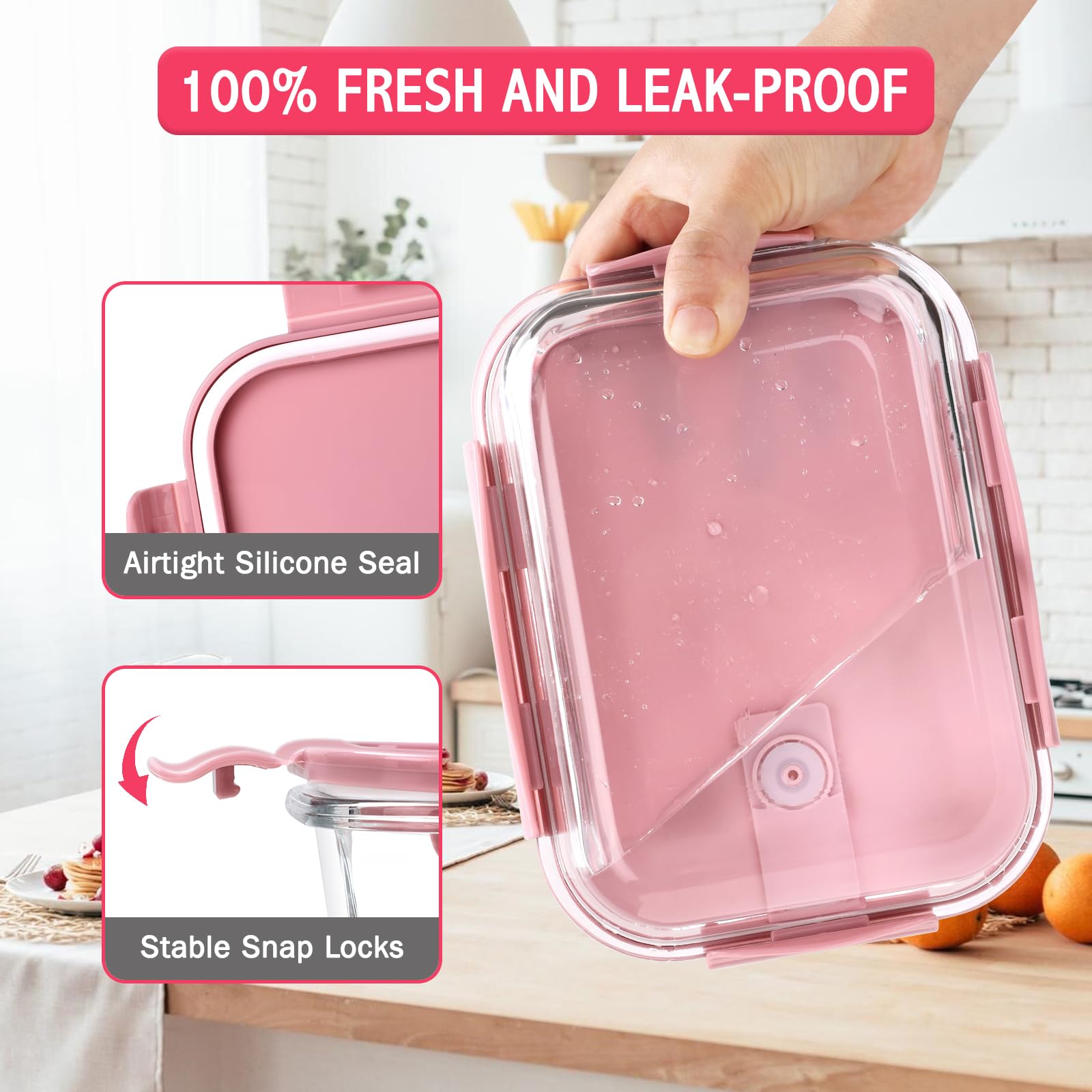 Ansukow Glass Food Storage Containers Set with Lids Meal Prep Containers Reusable for Dishwasher/Microwave/Oven/Freezer,10PCS(10 lids & 10 Containers)-PINK